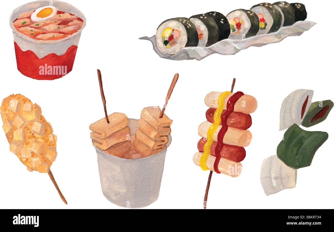 Korean street food watercolor illustration: tteokbokki (spicy rice ...