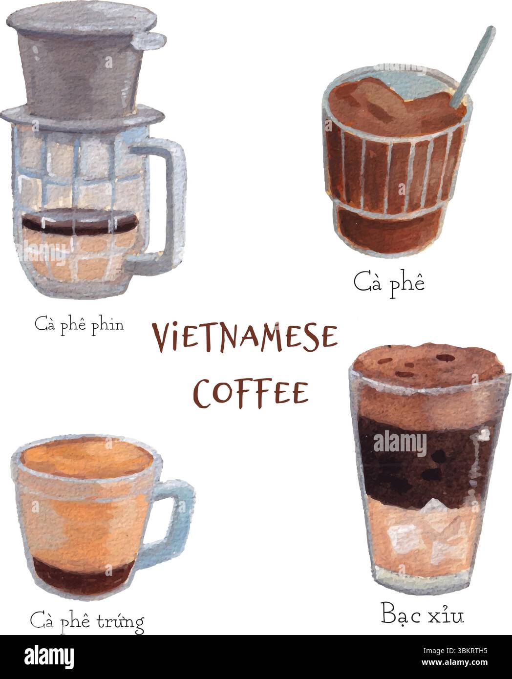 Vietnamese coffee watercolor: Phin, Egg, White, Milk set. Cute coffee ...