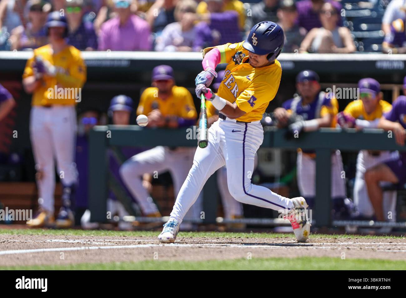 Omaha, NE, USA. 22nd June, 2025. LSU's Steven Milam (4) tries for a ...