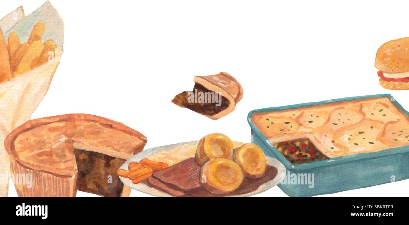 English food watercolor background: Shepherd pie, Steak and kidney pie ...