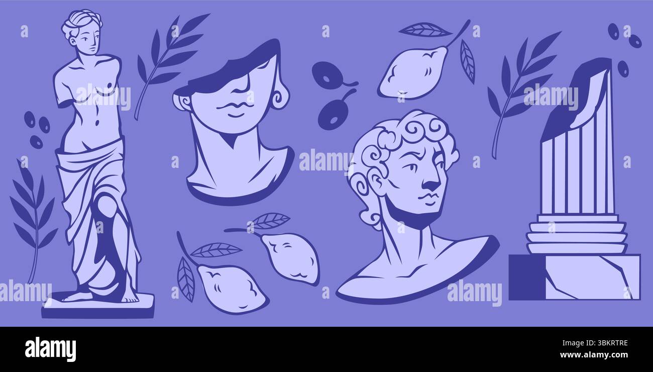 Ancient Greek doodle art with Venus statue, Roman busts, marble column ...