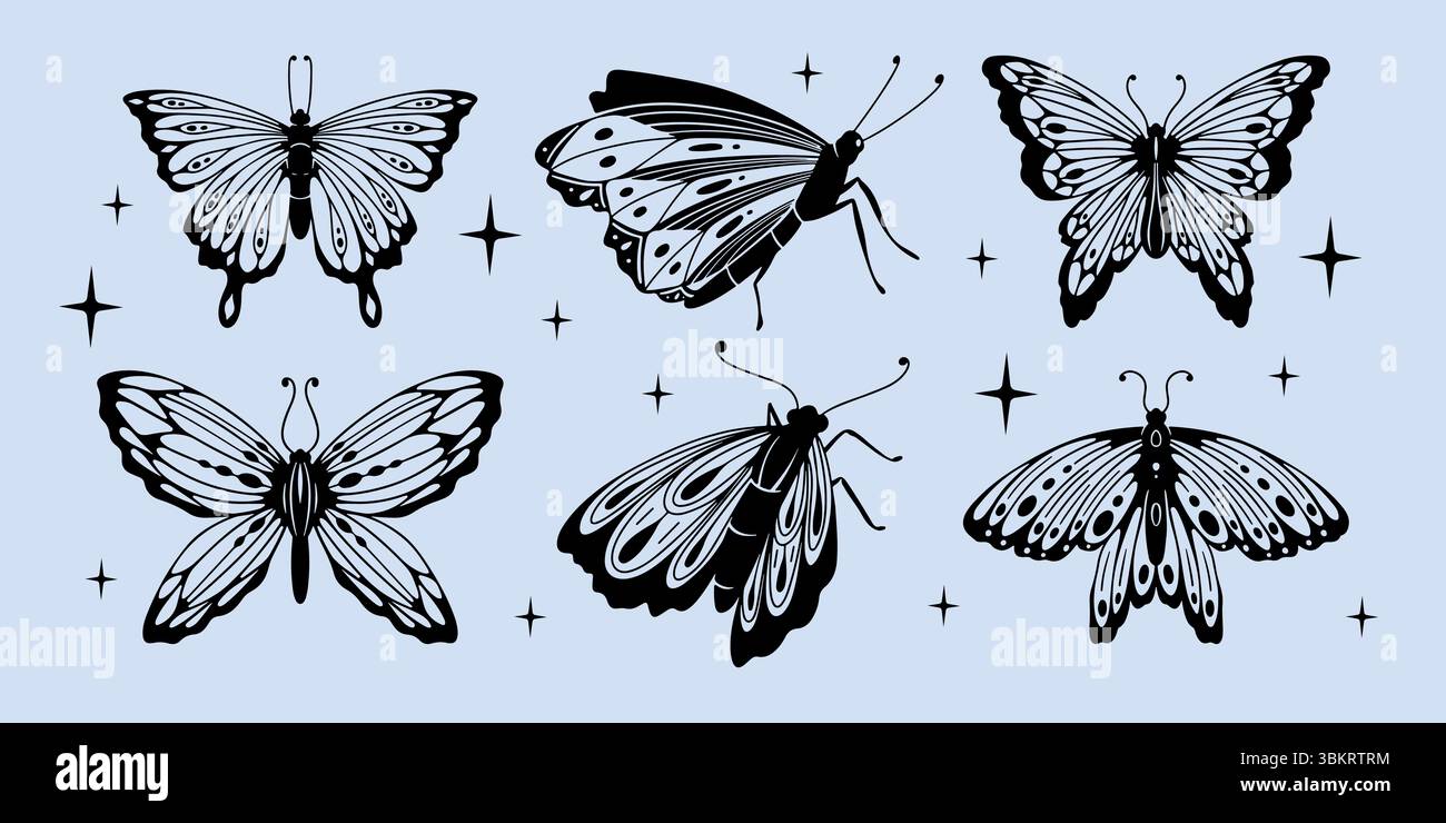 Black butterfly silhouettes collection with ornate wings, dots and ...