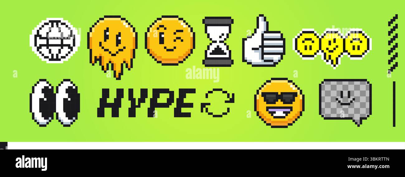 Pixel emoticon collection on bright green background - wire planet ...