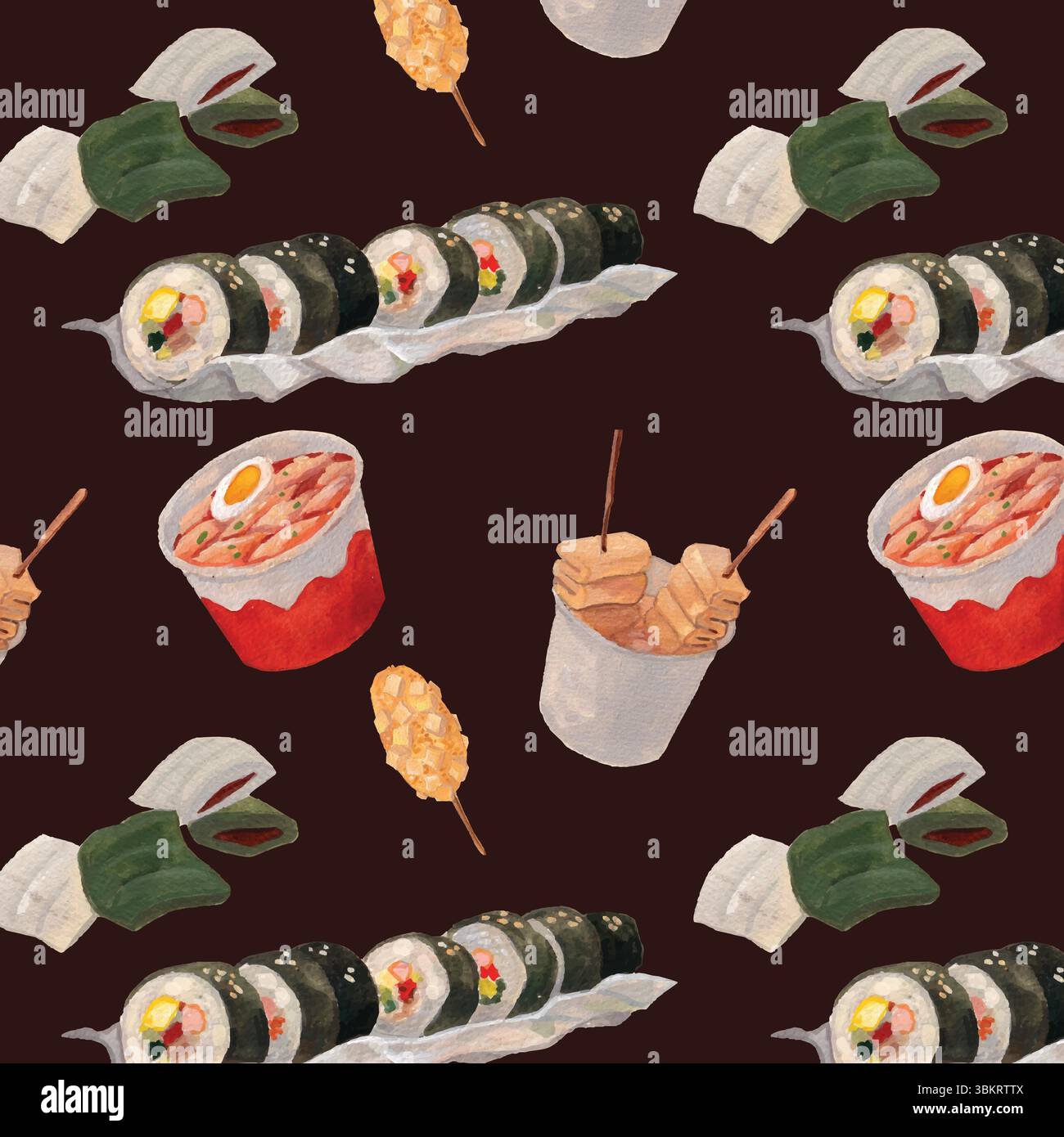 Korean street food watercolor pattern. Tteokbokki (spicy rice cakes ...