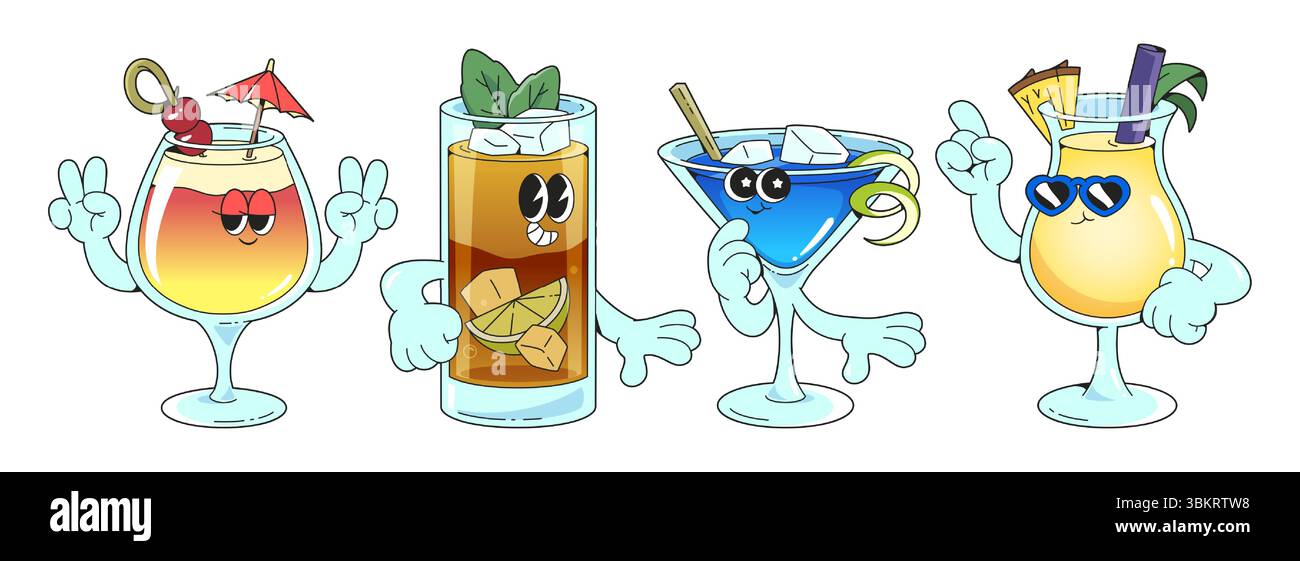 Groovy cocktail characters with cartoon faces and arms - tropical ...