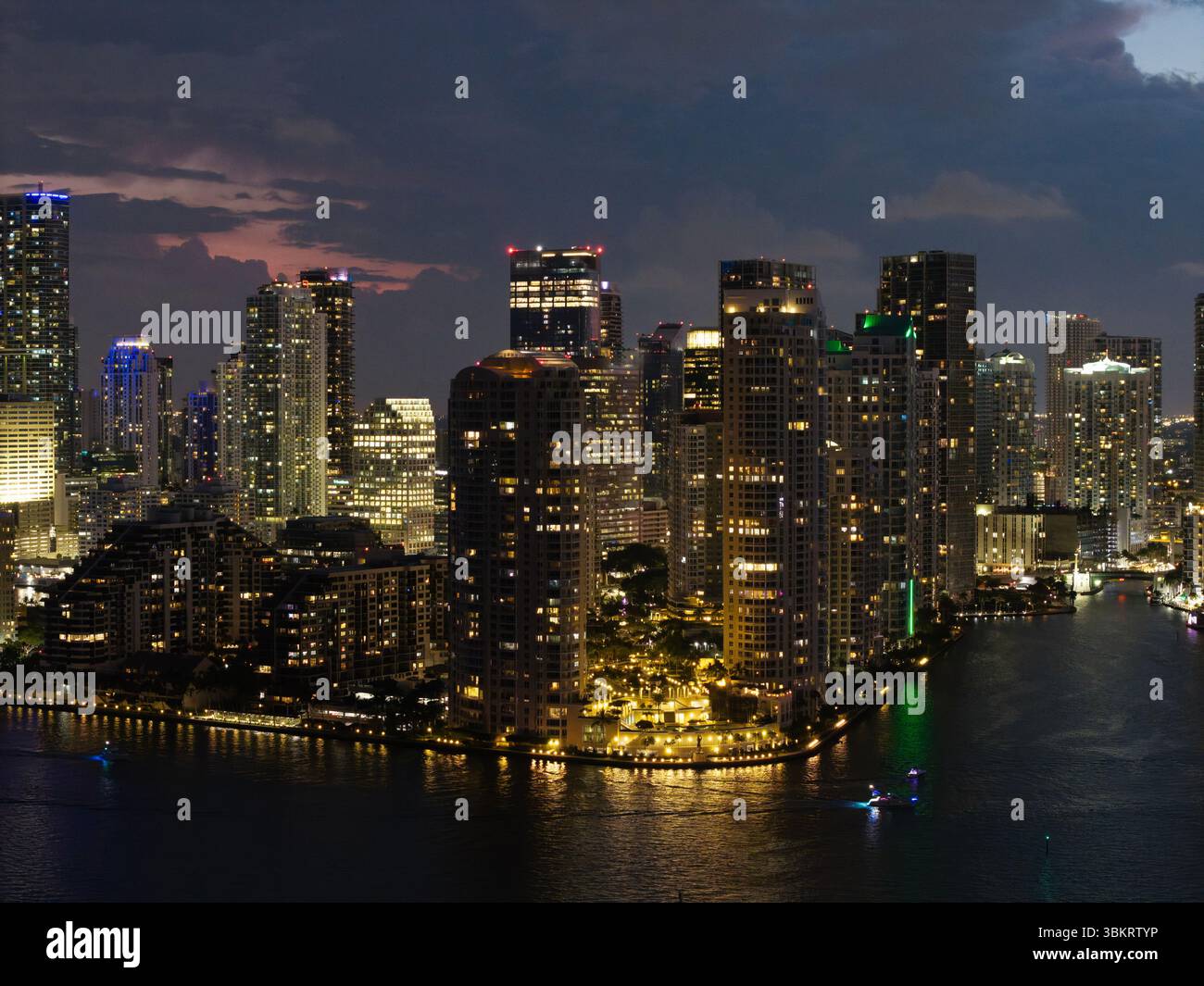 Famous landmarks of Miami Brickell from above at night. Drone view of ...