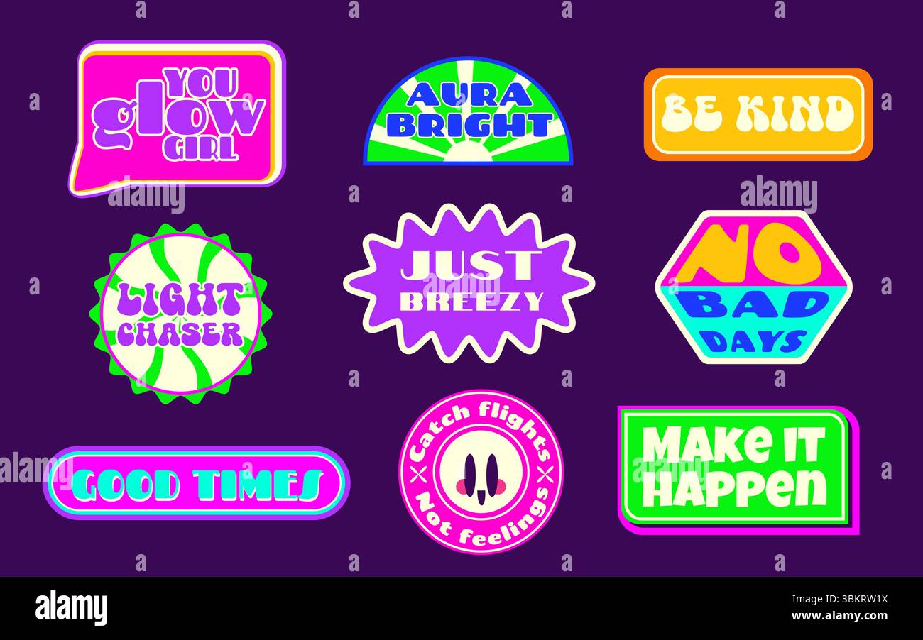 Y2k sticker shape collection on purple background - bright neon badges ...