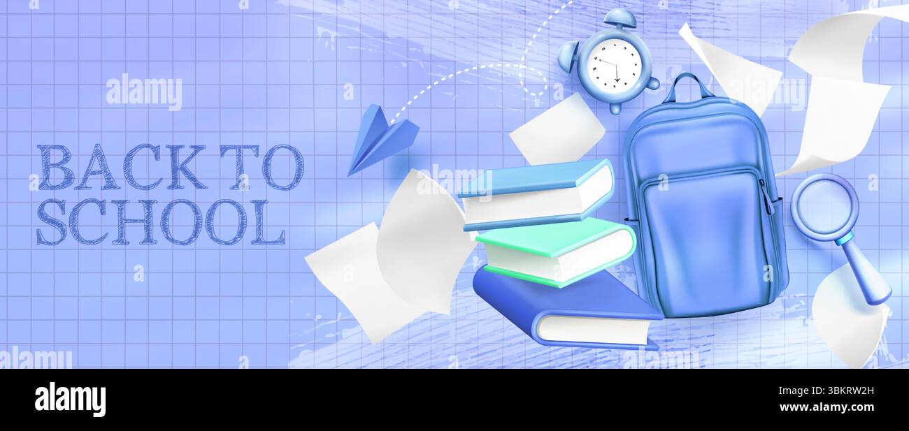 3d back to school scene with blue backpack, floating books, alarm clock ...