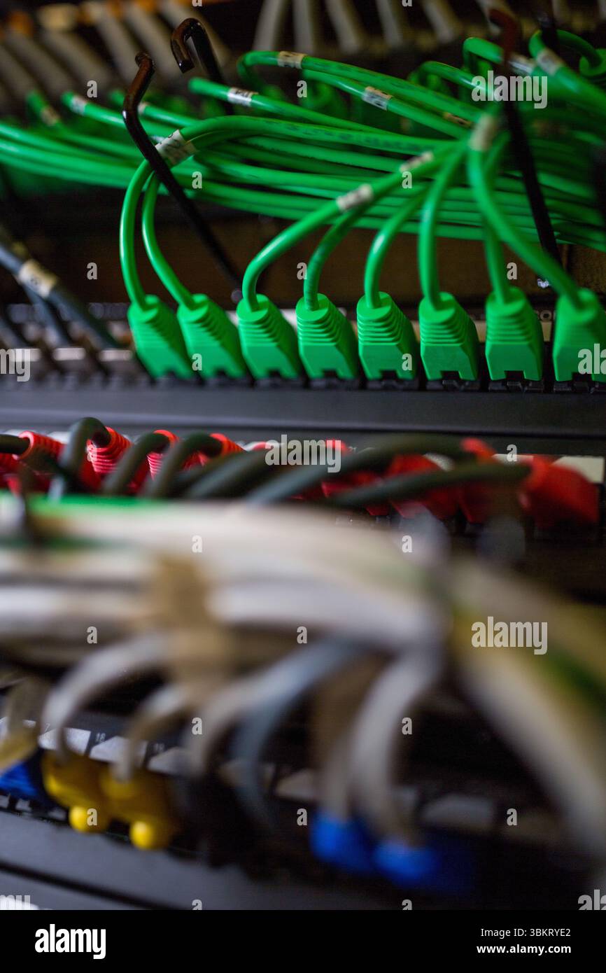 Flat design is illustrating patch panels with green and red Ethernet ...