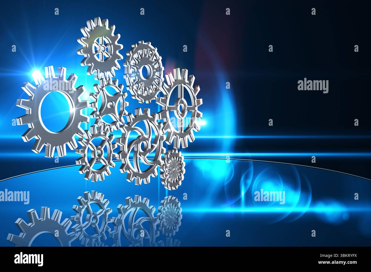Metallic gears and cogs are floating above mirror floor on sci-fi scene ...