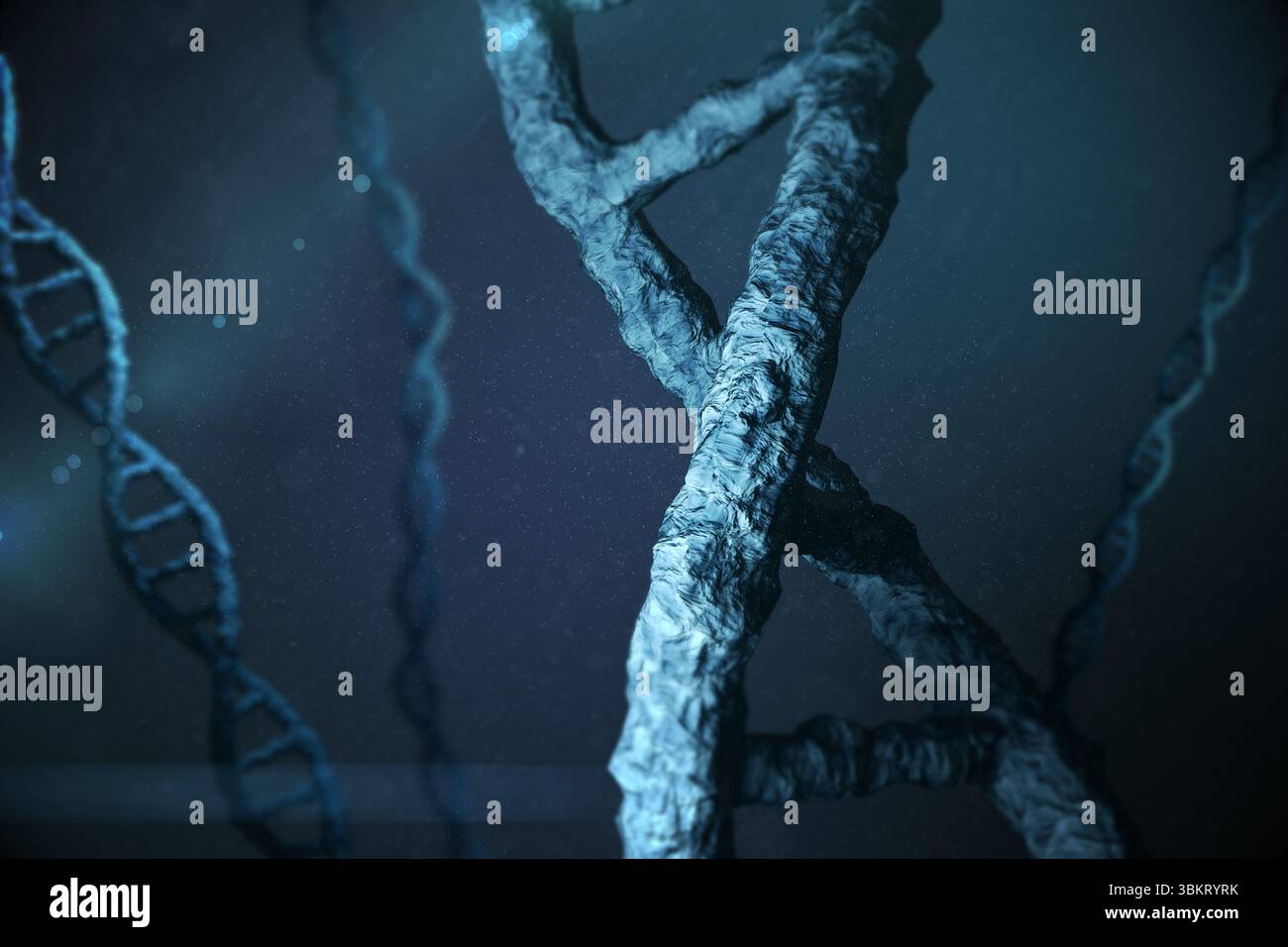 Central stylized DNA helix floating in dark blue 3D molecular ...