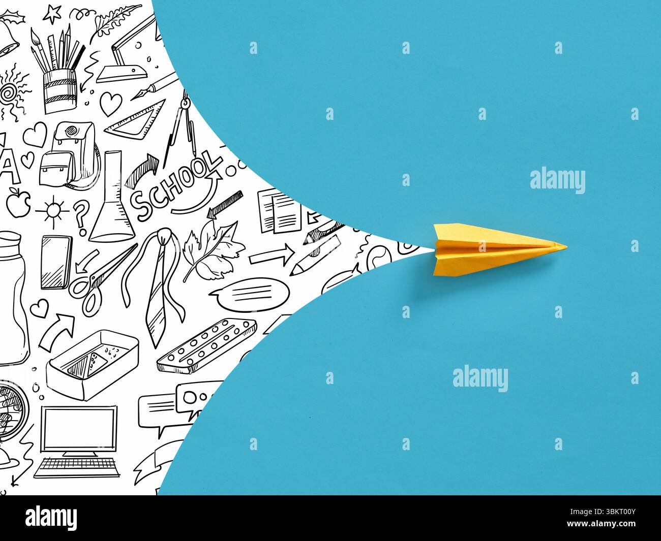 Yellow paper airplane flying from school drawings and icons on a blue ...