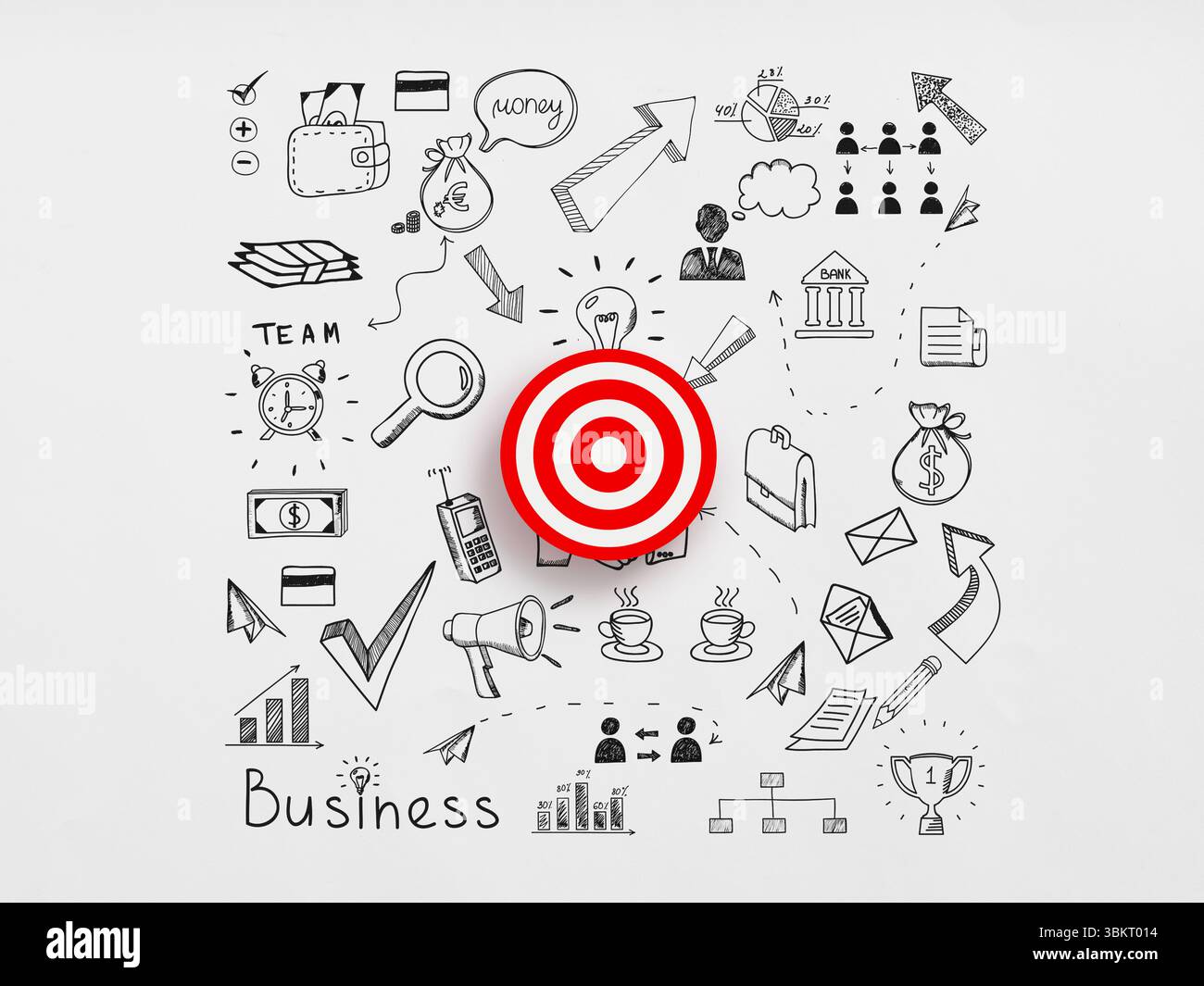 Red target surrounded by hand drawn business icons representing growth ...