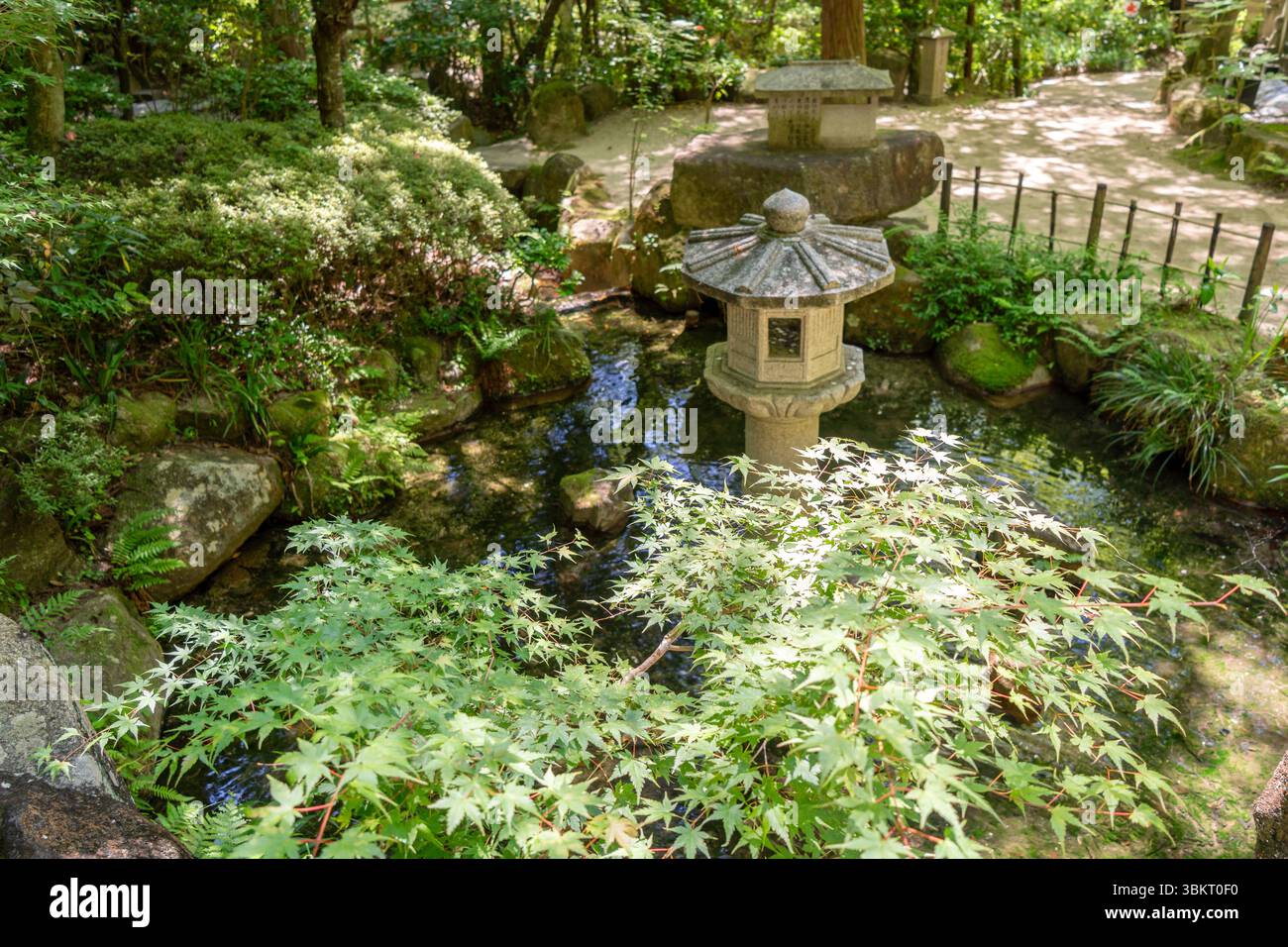 A traditional toro lantern stands beside a tranquil fountain surrounded ...