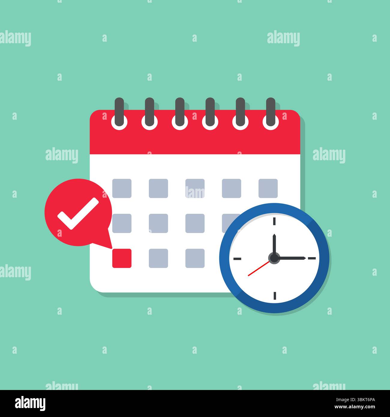 Calendar icon with clock, checkmark, exclamation sign, calendar icon ...