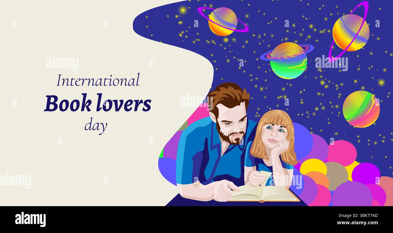 Father and daughter reading book. Magical starry sky with colorful ...