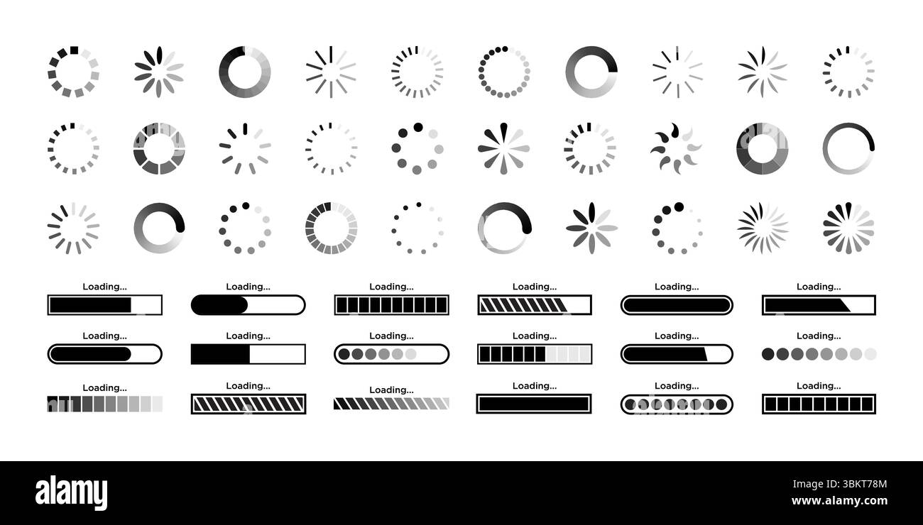 Loading icon, cursor hand click, wifi sign, buffer loader, progress bar vector set. Circle load ...