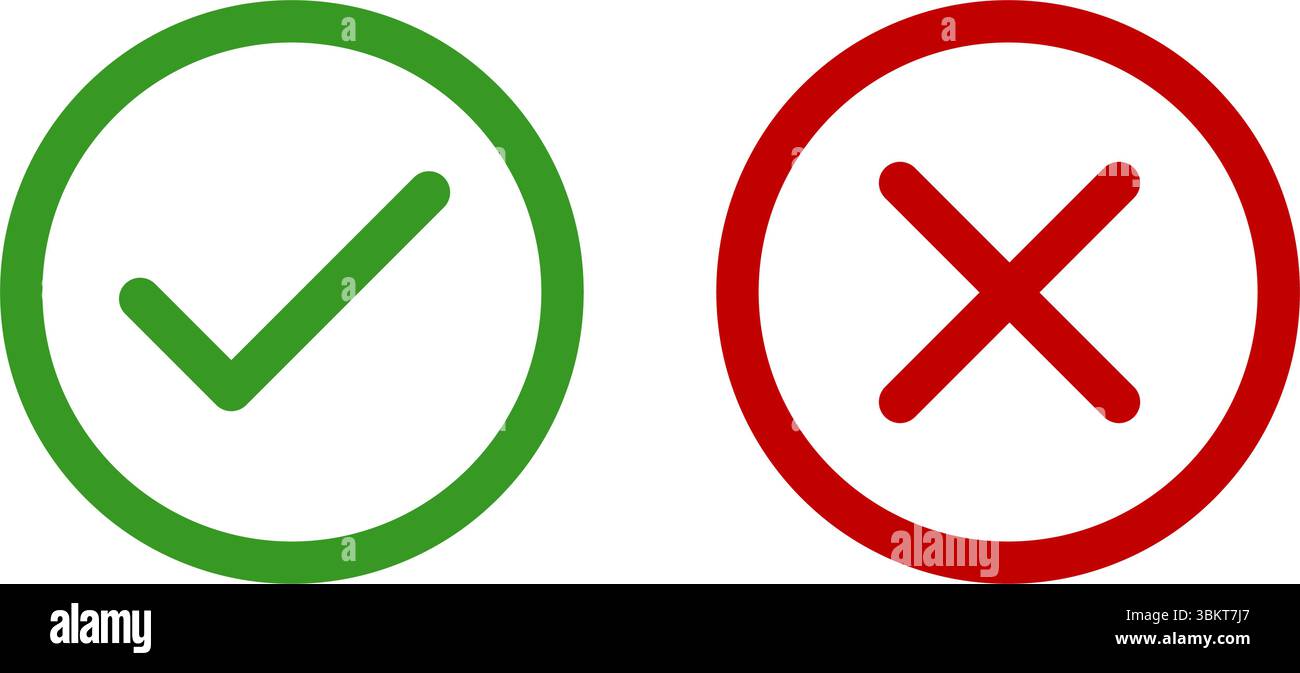 Green check mark, red cross, x mark icon set, right, wrong hand-drawn ...