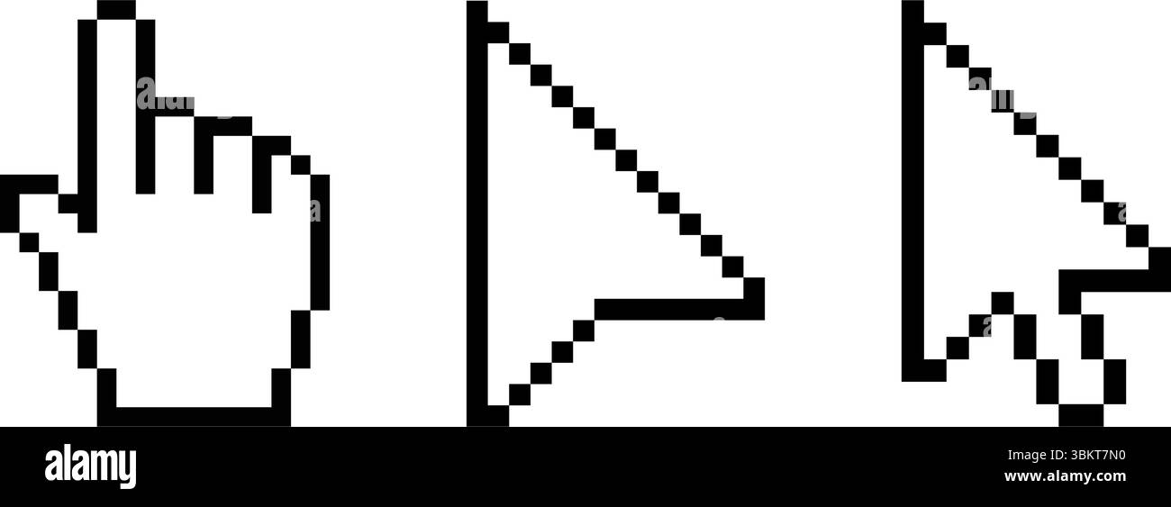 Pixel click cursor icon set, different computer cursors, hand click, hourglass, magnifier, zoom ...