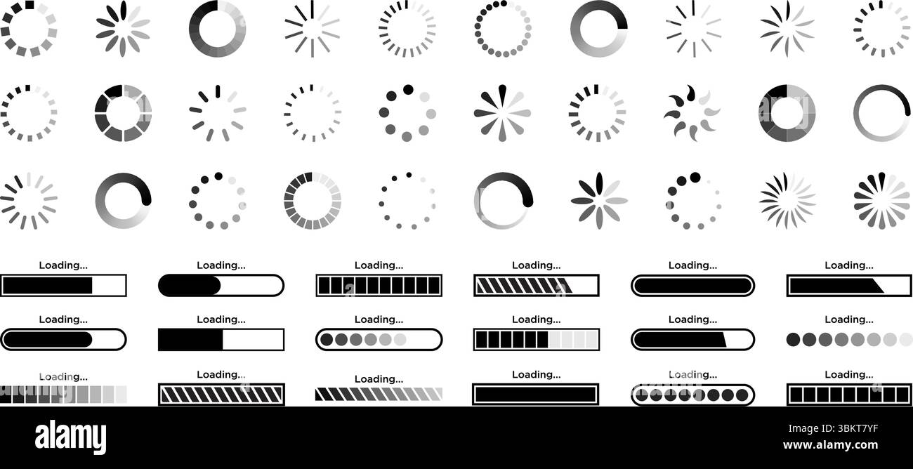 Loading icon, cursor hand click, wifi sign, buffer loader, progress bar vector set. Circle load ...