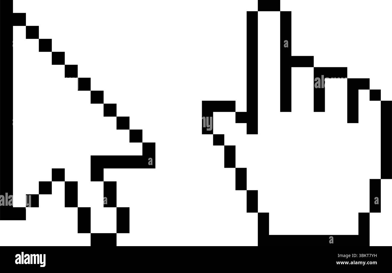 Pixel click cursor icon set, different computer cursors, hand click, hourglass, magnifier, zoom ...