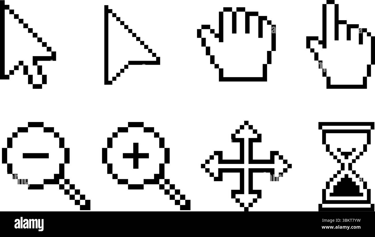 Pixel click cursor icon set, different computer cursors, hand click, hourglass, magnifier, zoom ...