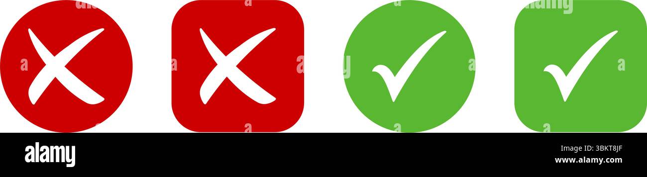 Green check mark, red cross, x mark icon set, hand-drawn right and ...