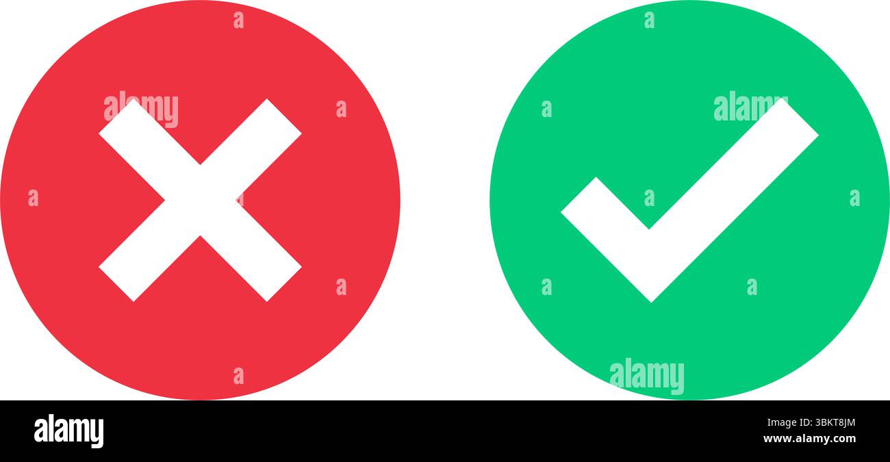 Green check mark, red cross, x mark icon, set of flat, rounded right and wrong vector sign ...