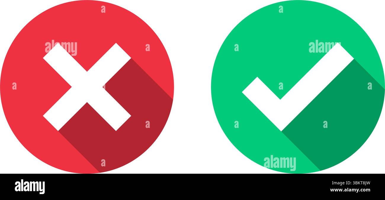 Green check mark, red cross sign with long shadow, checkbox list vector ...