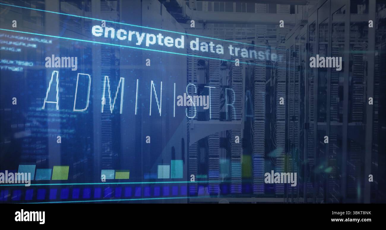 Showing tall server racks in data center with encrypted data transfer ...