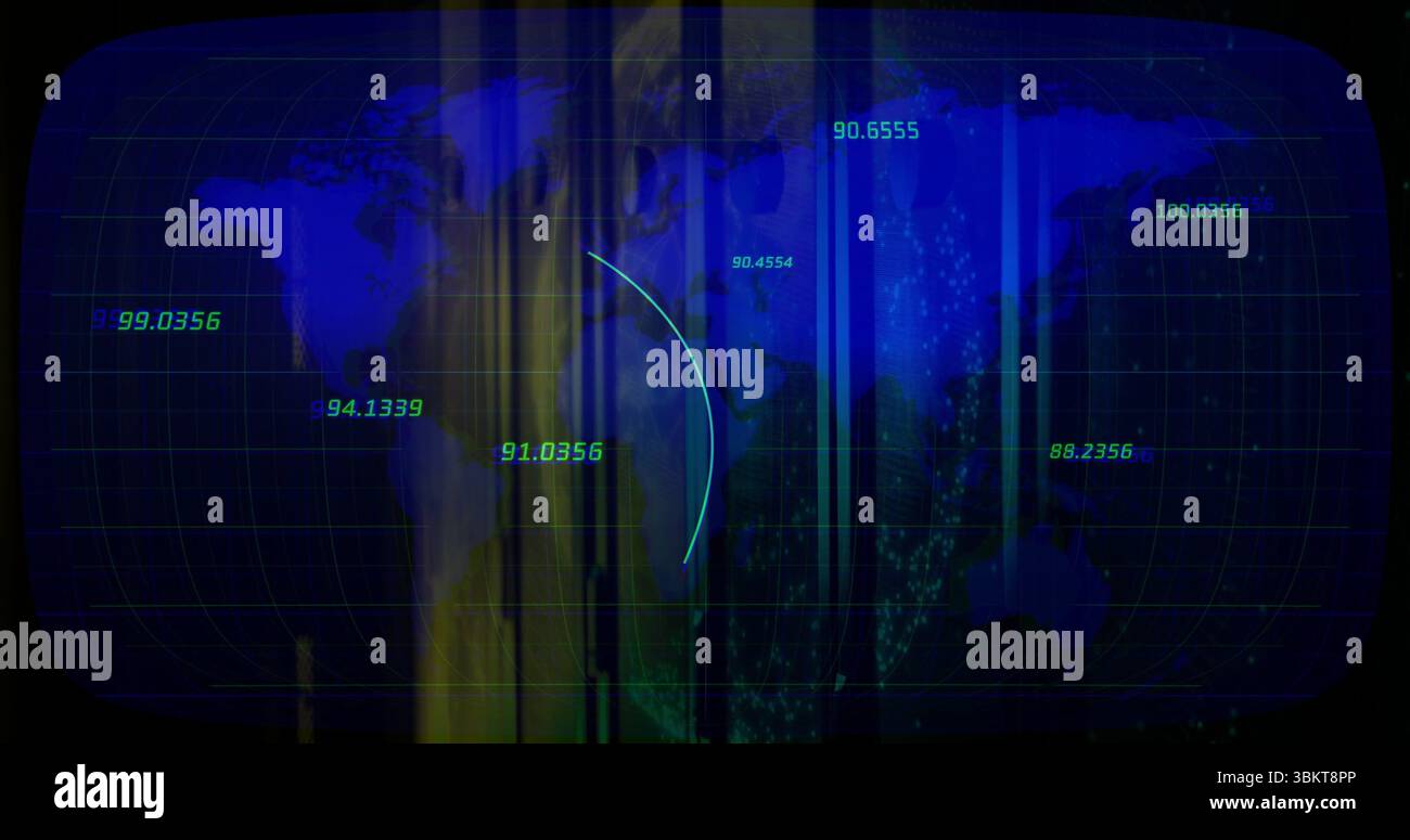 Displaying world map interface on computer screen, with grid, numeric readouts, bars, blue arc ...