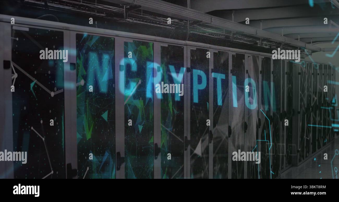 Displaying server racks glowing with LED lights, holographic encryption ...