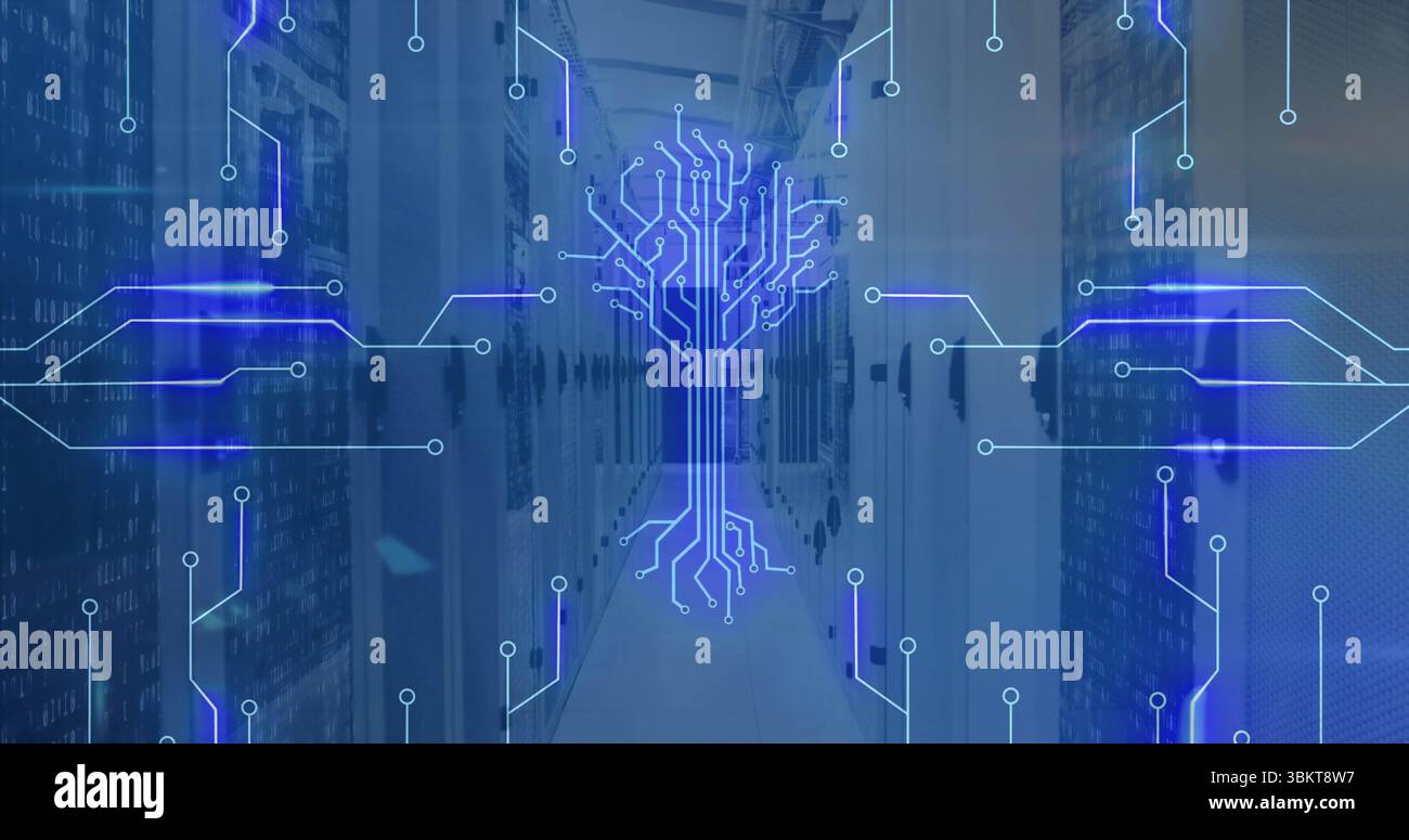 Displaying translucent blue circuit tree overlay inside data center aisle, with server racks ...