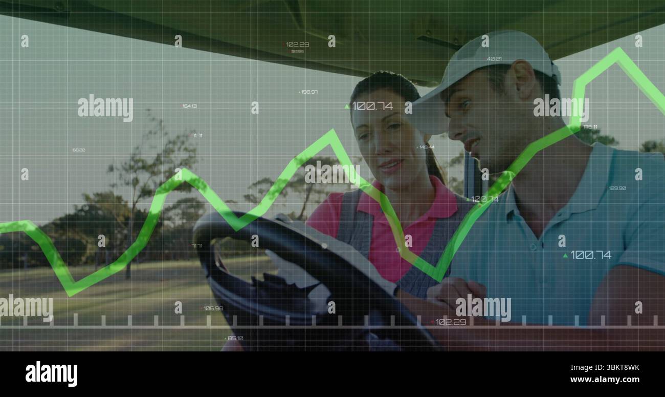 Blue-clad golfer and pink-clad instructor analyzing green line graph ...