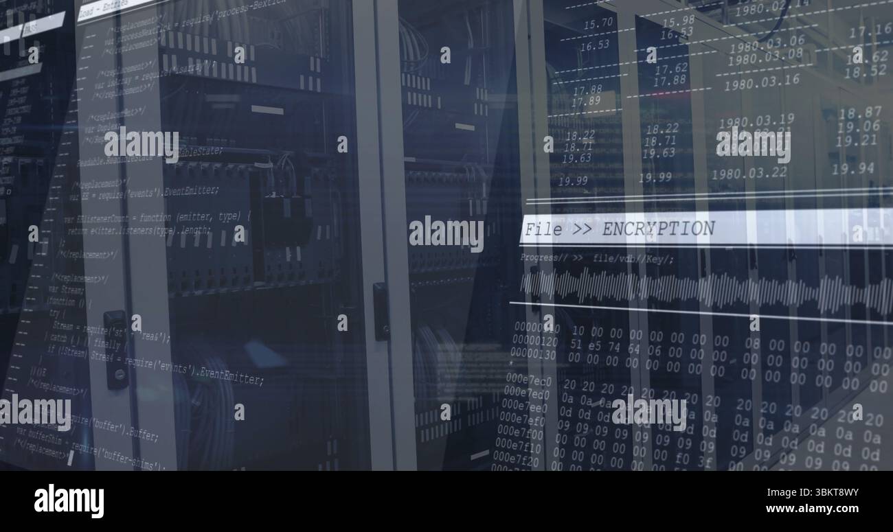 Displaying data center racks revealing rack hardware and network cables ...