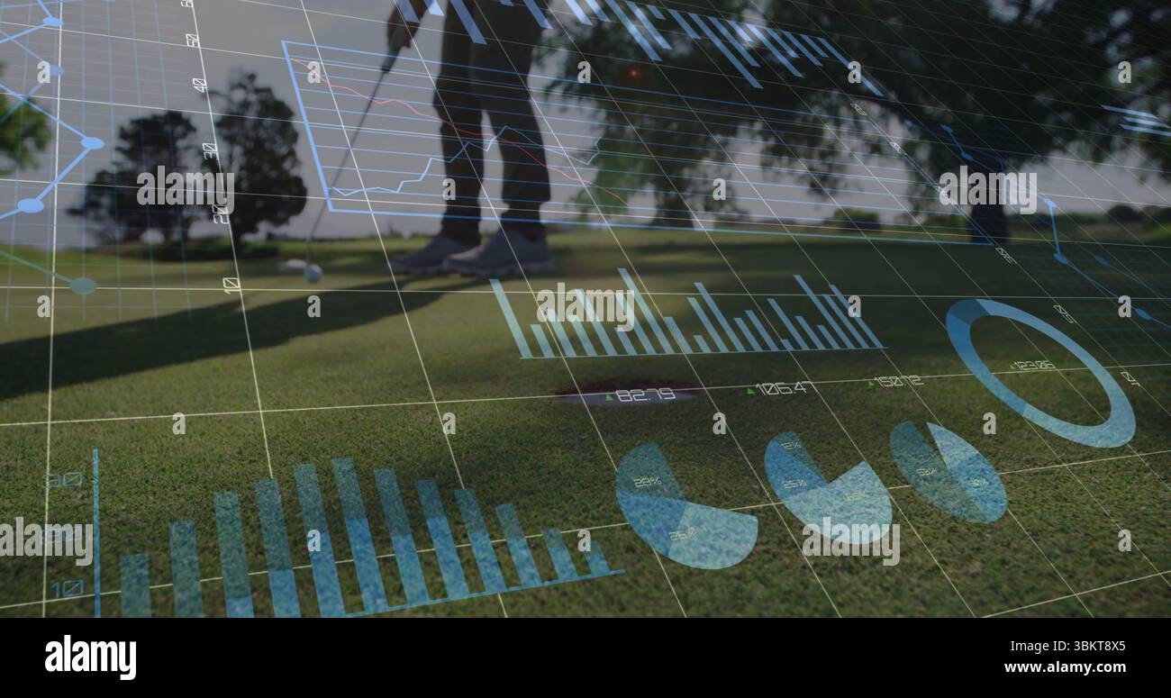 Golfer in polo shirt viewing digital overlays on putting green, with ...