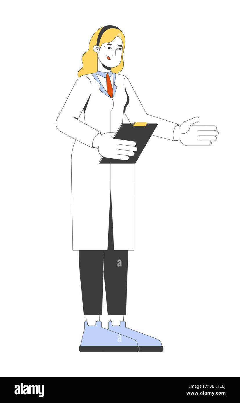 Blonde woman scientist holding clipboard in lab coat 2D cartoon ...