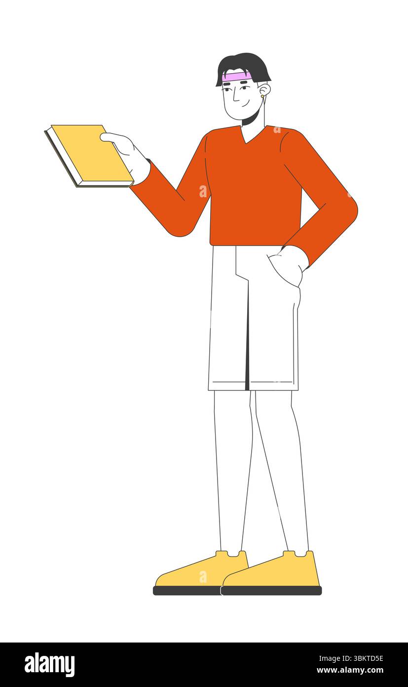 Chinese young man holding book in relaxed pose 2D cartoon character ...