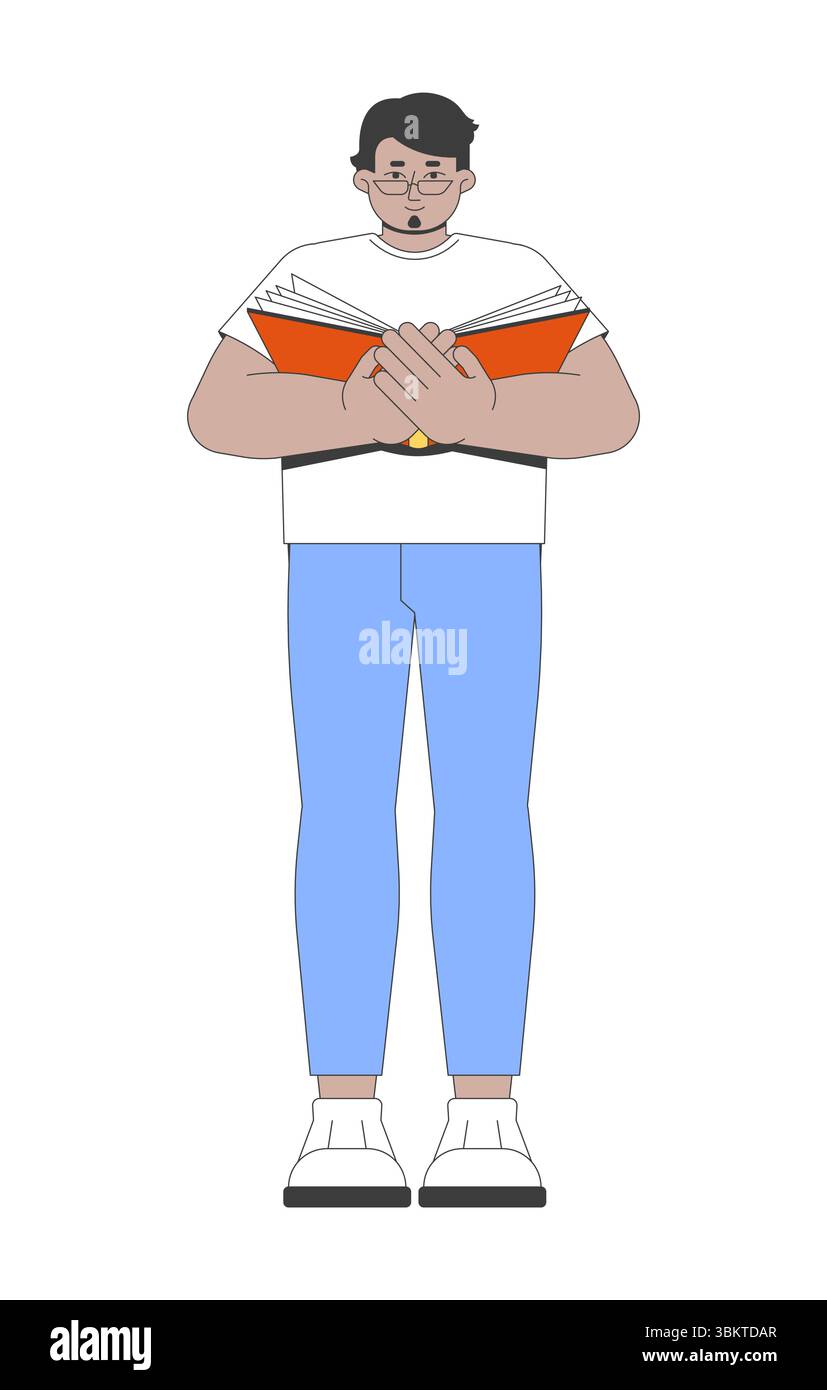 Eyeglasses arab man intently reading open book 2D cartoon character ...
