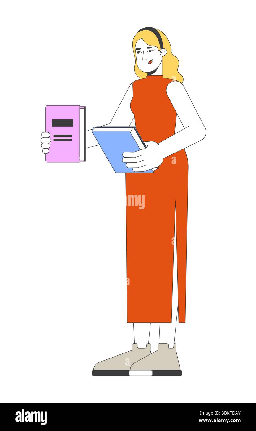 European blonde woman comparing books in hand 2D cartoon character ...