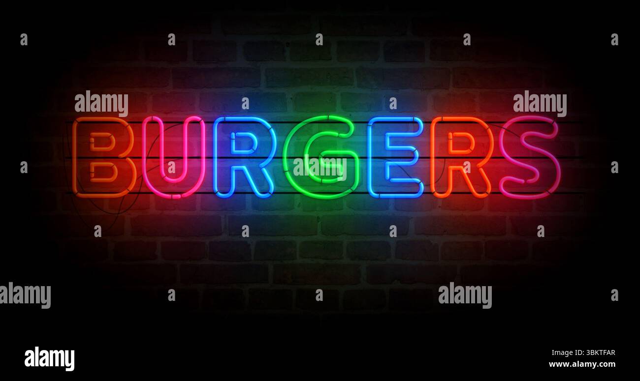 Burgers bar neon symbol. Hamburger fast food restaurant light color ...