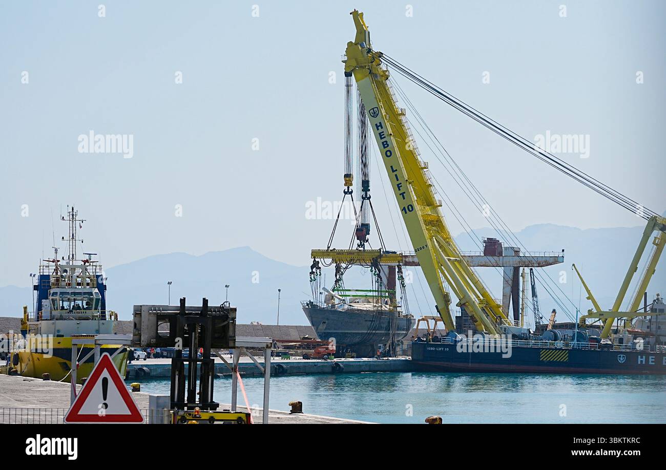 Tech tycoon Mike Lynch's superyacht the Bayesian, dockside at Termini ...