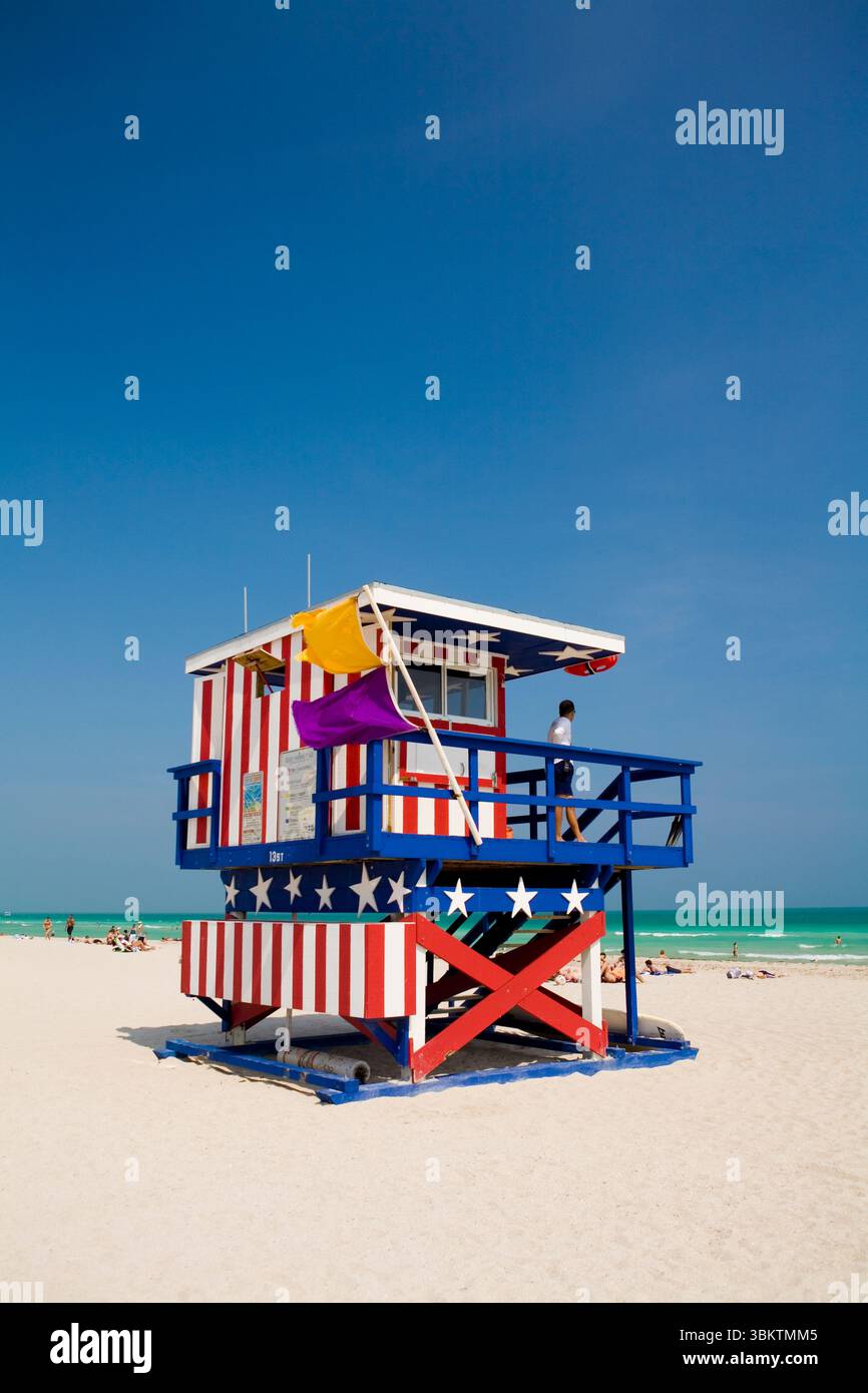 lifeguard on duty looking over the Atlantic Ocean on South Beach ...