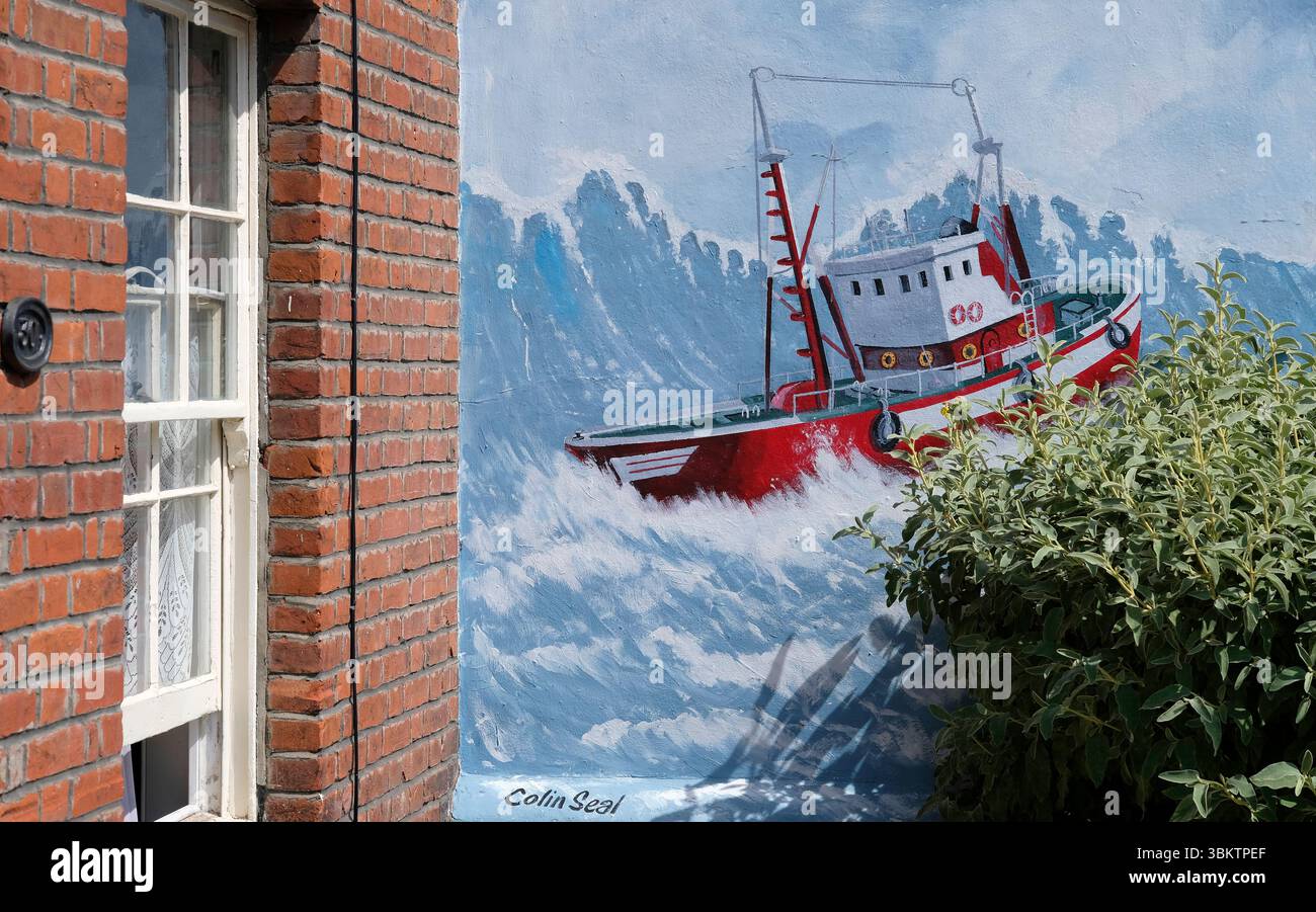 fishing boat painted mural on building wall, sheringham, north norfolk ...