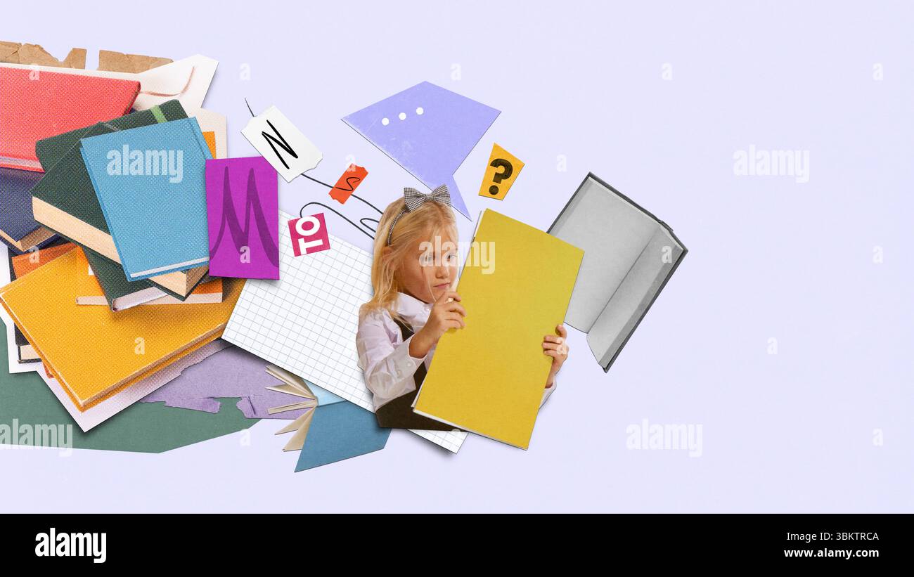 Colorful visual poster. Reading sparks curiosity with books, letters, and questions Stock Photo ...