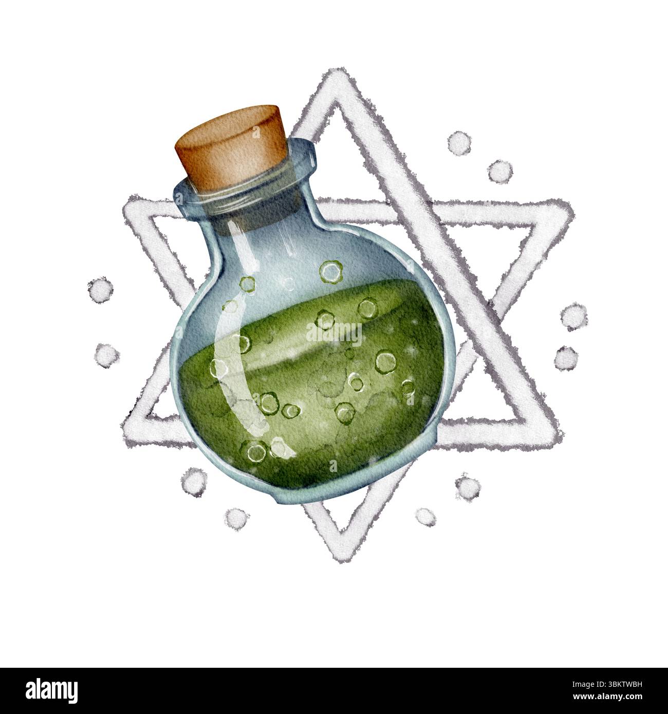 Magic potion bottle filled with green liquid and cork stopper. This is ...