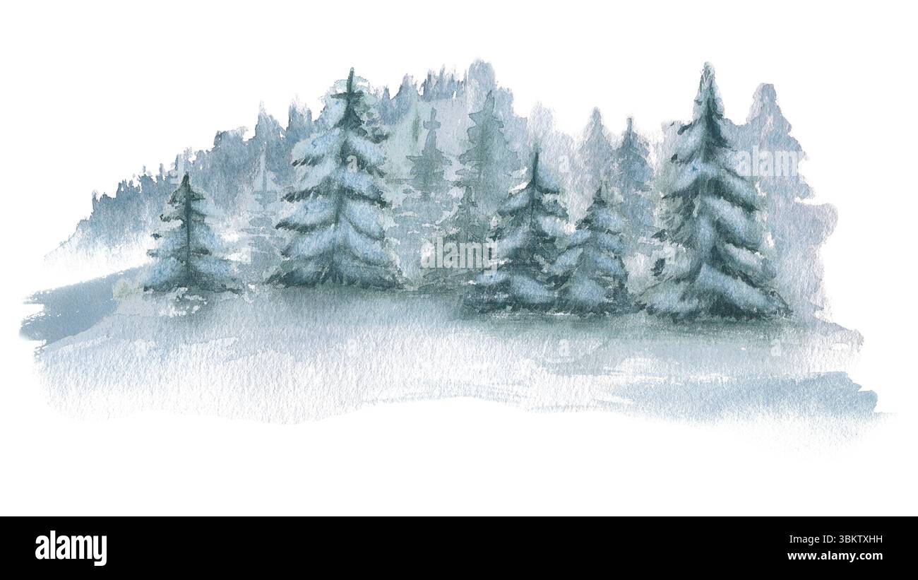 Foggy pine forest monochrome watercolor illustration isolated on white ...