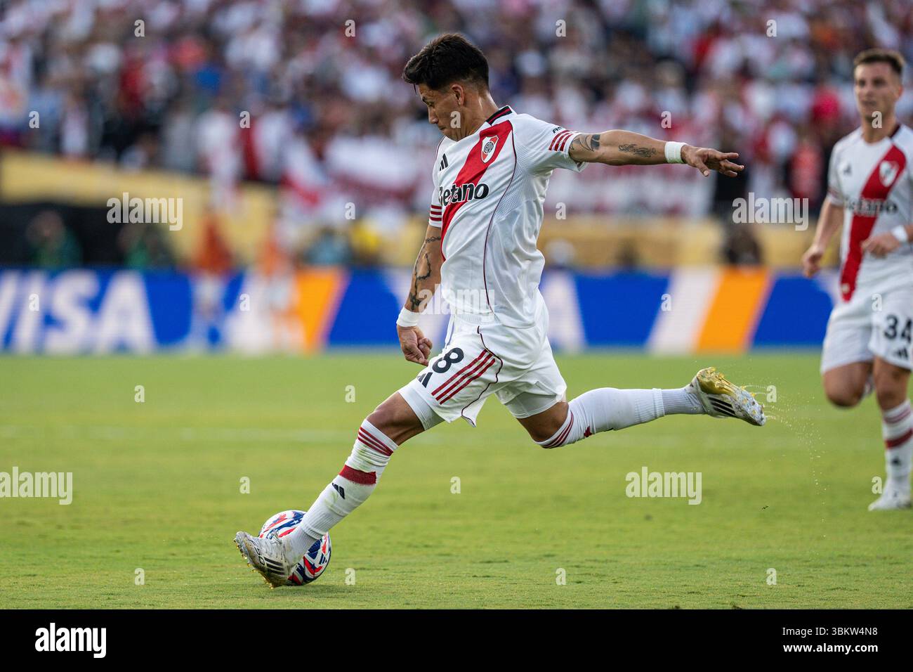 River Plate midfielder Maximiliano Meza (8) takes a shot during a 2025 ...