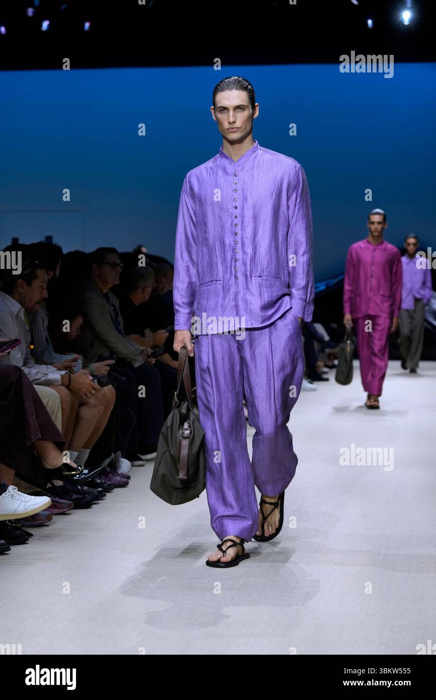 A model wears a creation as part of the men's Giorgio Armani Spring-Summer 2026 collection, that ...