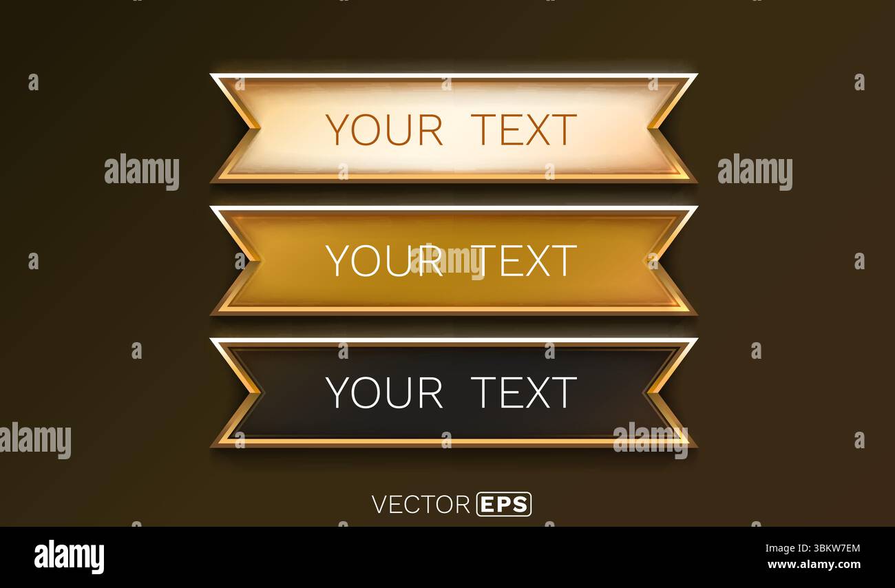 Golden frame label, set color, event bar button, gold signboard. Vector ...